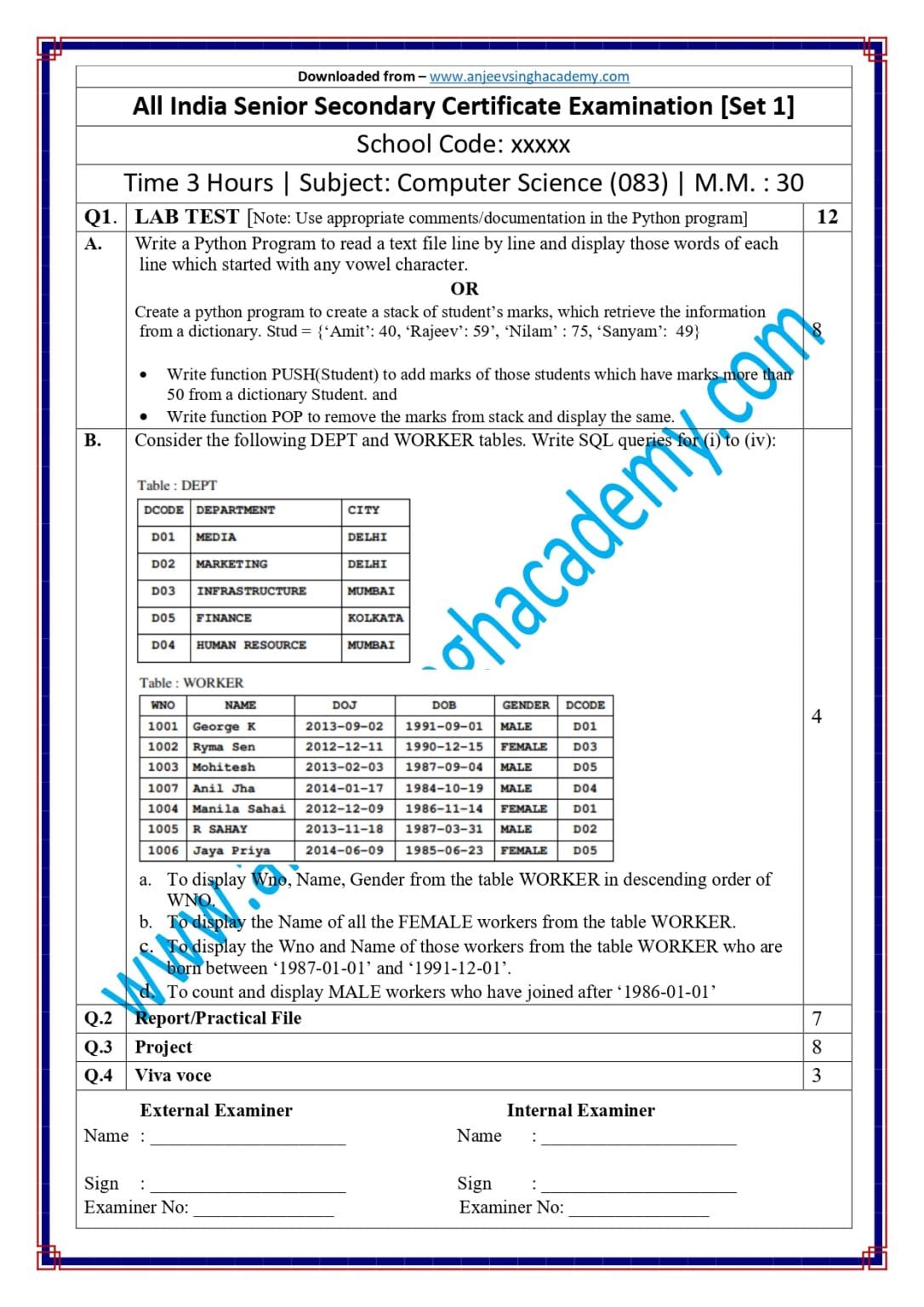 Class 12 Computer Science (083) — Practical Examination Question Paper Set 1 with Answer Key ...