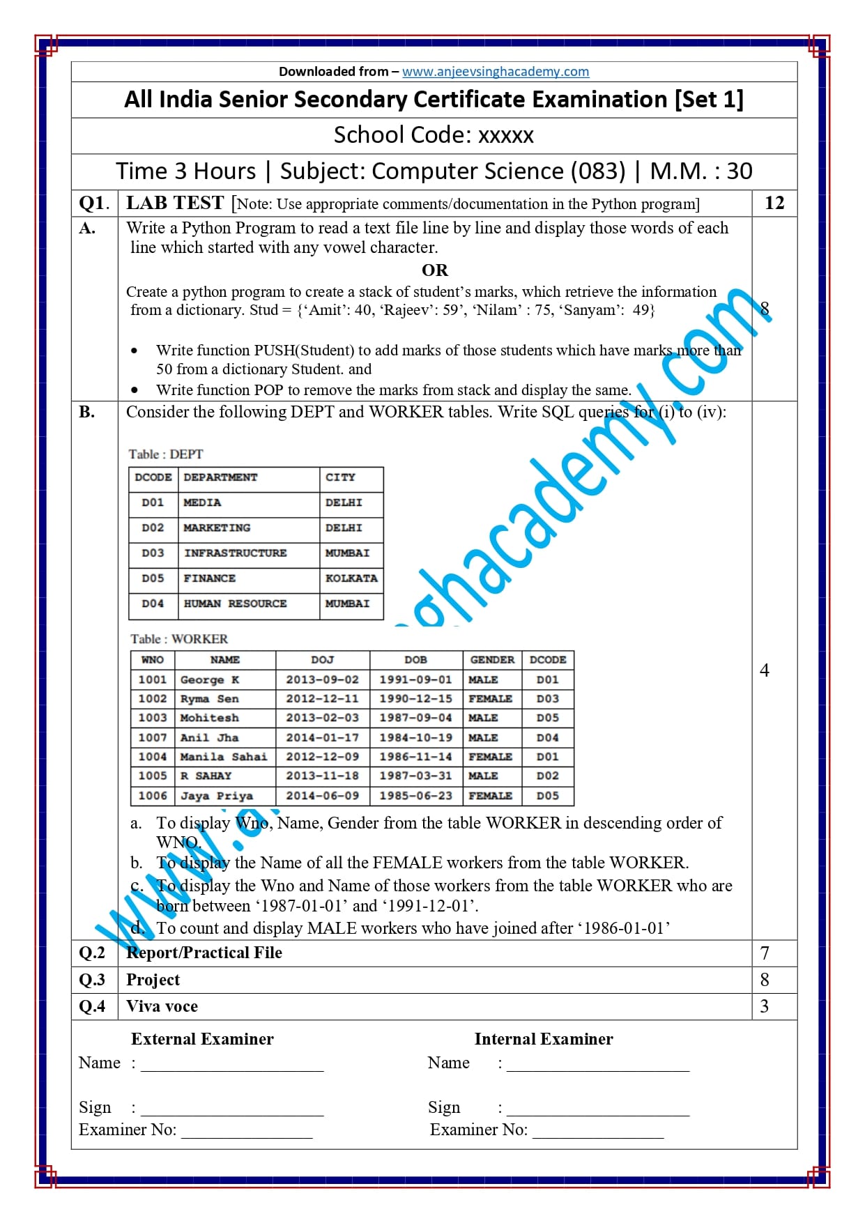 Class 12 Computer Science (083) — Practical Examination Question Paper Set 1 with Answer Key ...