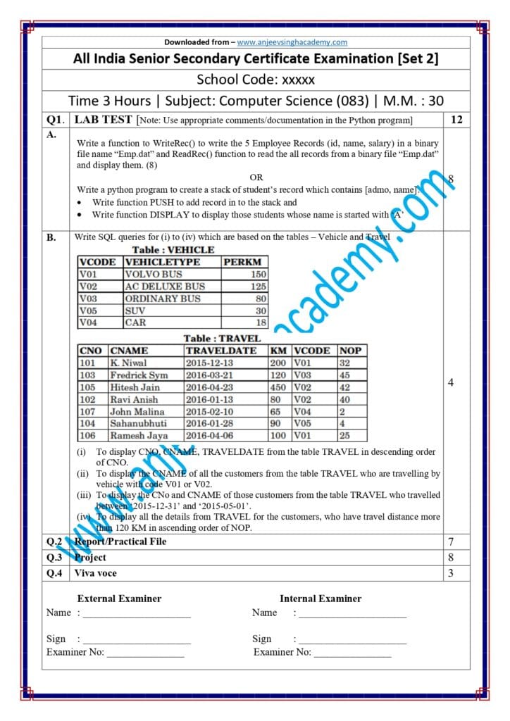 Class 12 Computer Science (083) — Practical Examination Question Paper Set 2 with Answer Key ...