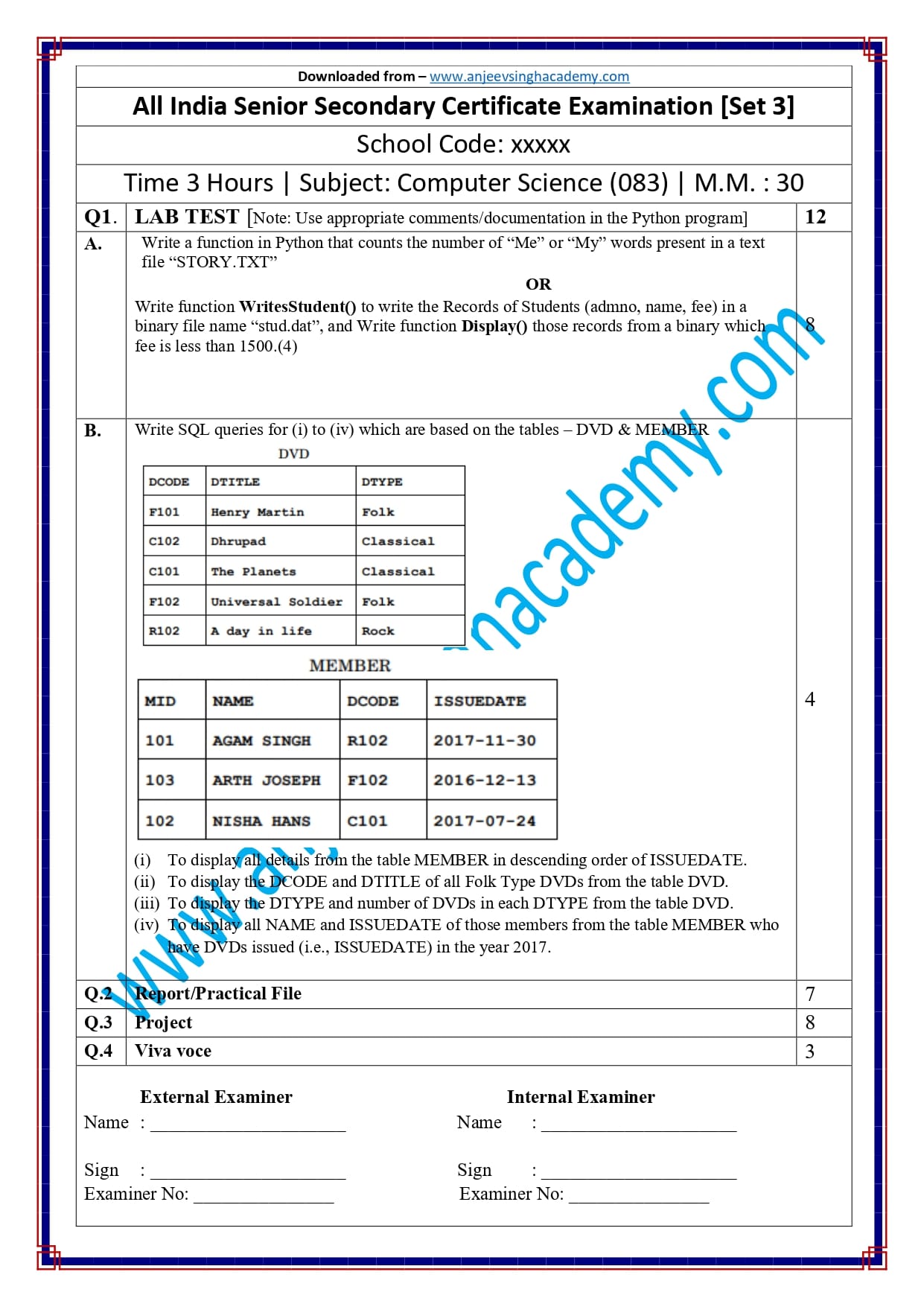 ass 12 Computer Science (083) — Practical Examination Question Paper ...