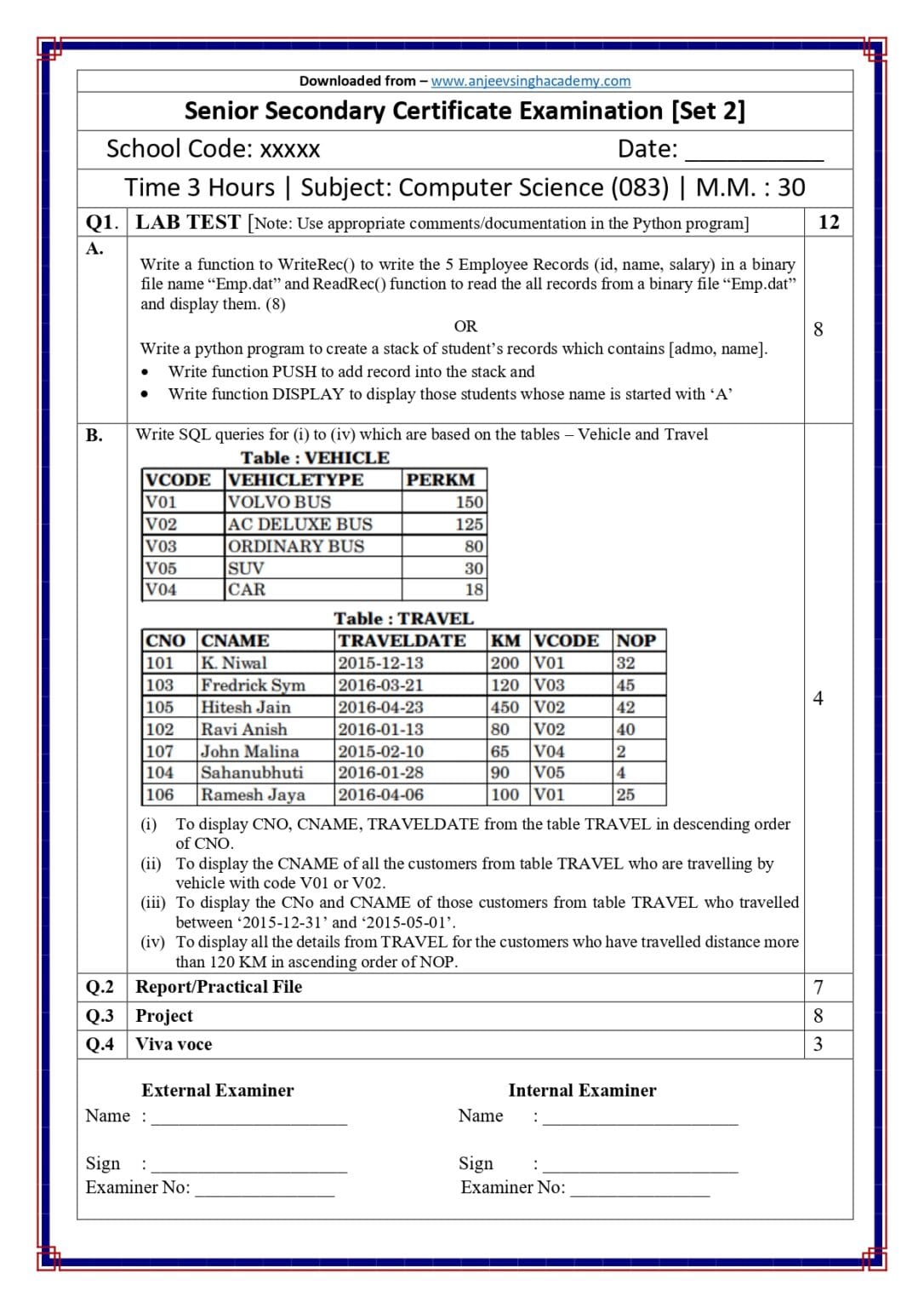 Class 12 Computer Science (083) — Practical Examination Question Paper ...