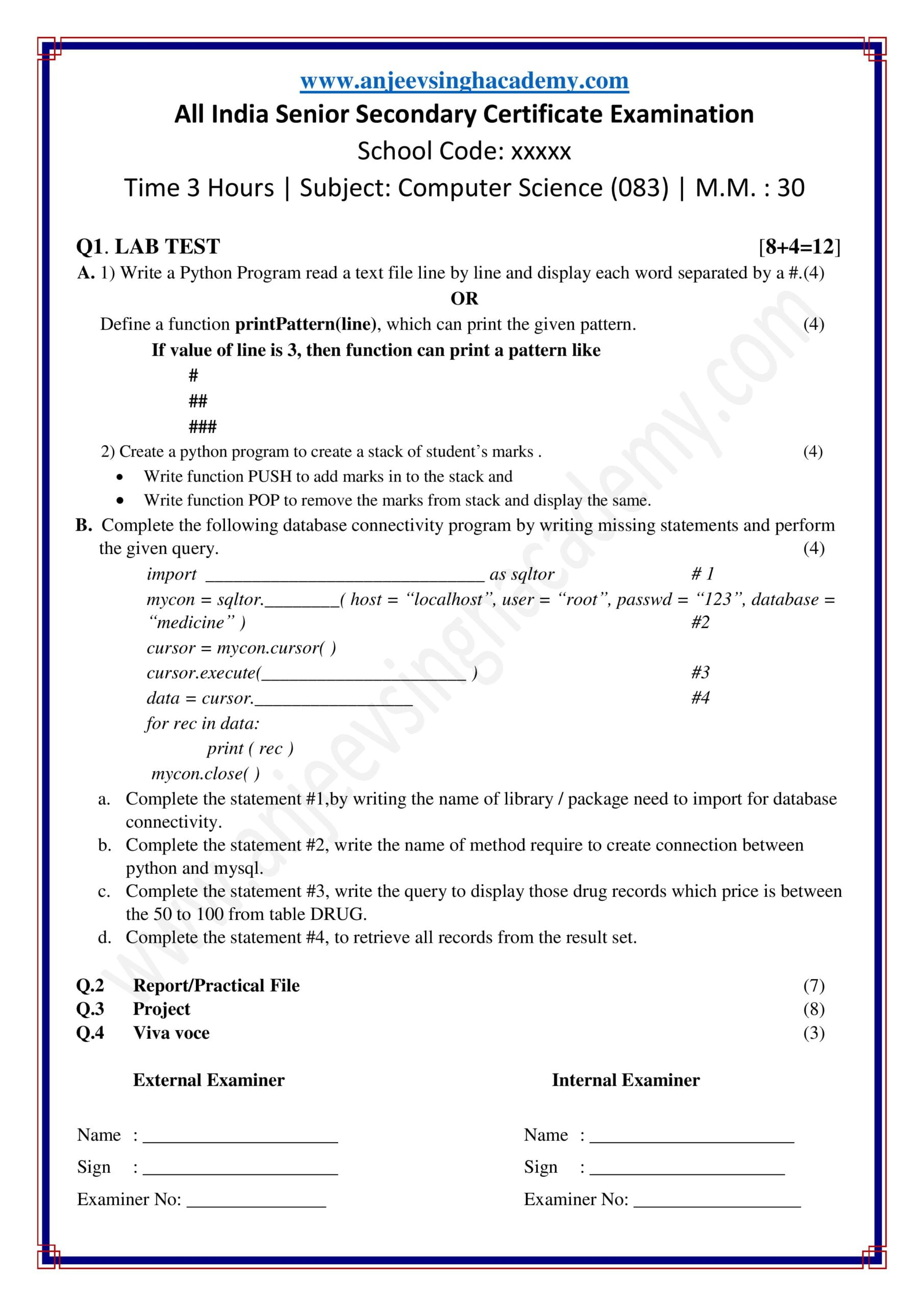 CBSE XII Computer Science 083 Practical ion Paper Set 1 Download