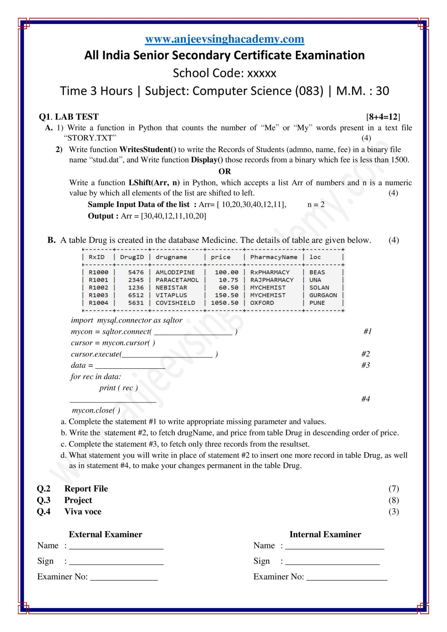 CBSE XII Computer Science 083 Practical Question Paper Set 3 - Download QP and Answer Key ...
