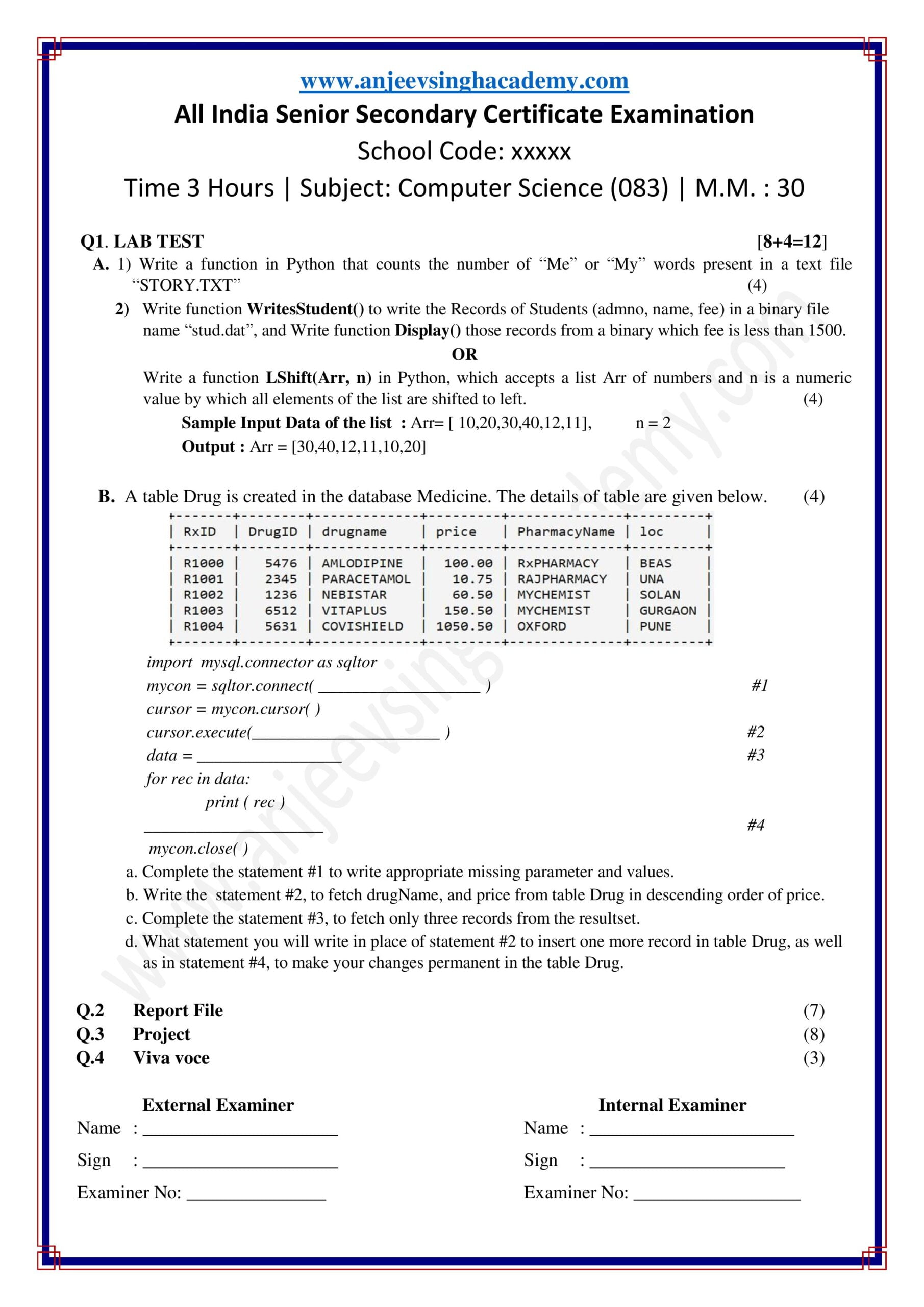 CBSE XII Computer Science 083 Practical Question Paper Set 3 - Download QP and Answer Key ...