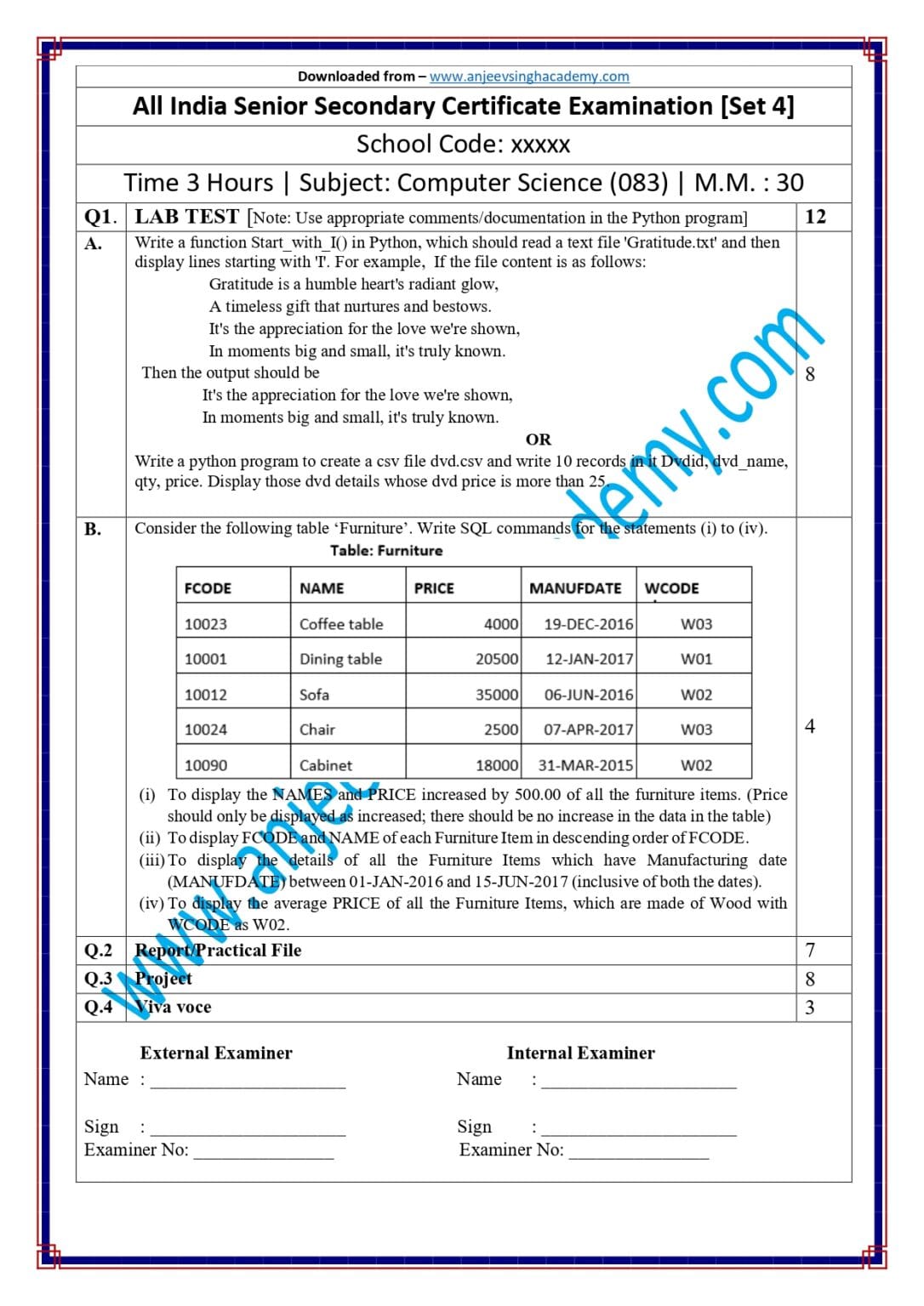 Class 12 Computer Science (083) — Practical Examination Question Paper ...