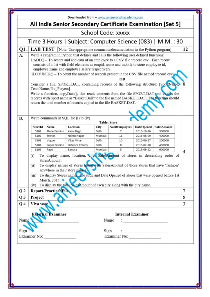 Class 12 Computer Science (083) — Practical Examination Question Paper ...