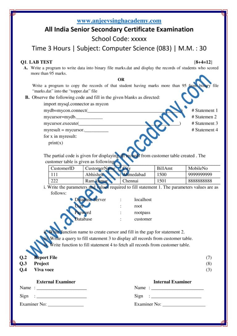 CBSE XII Computer Science 083 Practical Question Paper Set 4 - Download ... CBSE XII Computer Science 083 Practical Question Paper Set 4 - Download ...