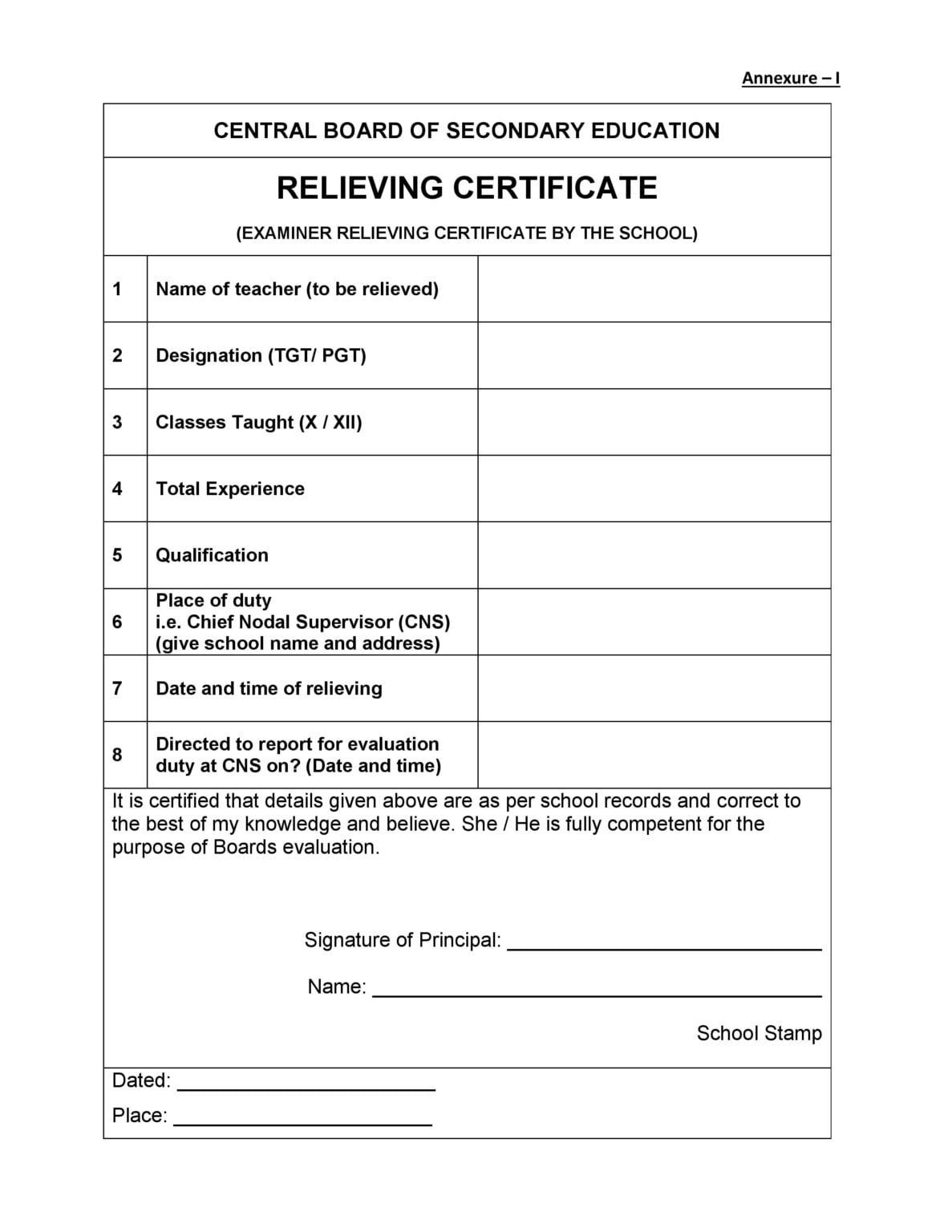CBSE Relieving Certificate format for Relieving of Teachers for ...