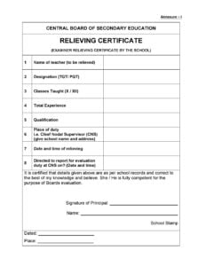 CBSE Relieving Certificate format for Relieving of Teachers for evaluation - Anjeev Singh Academy