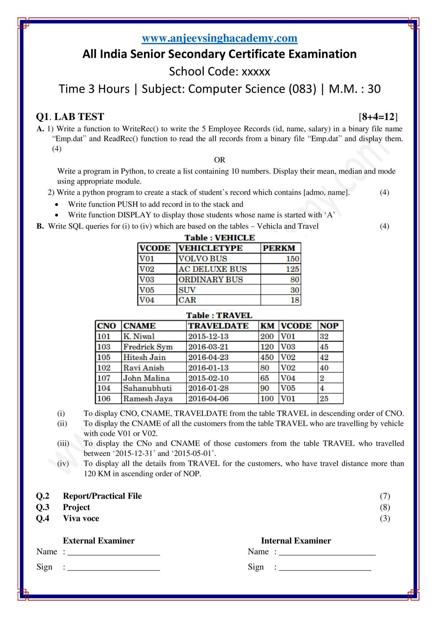 CBSE Class 12 Computer Science (083) - 8 Sets Practical Examination ...