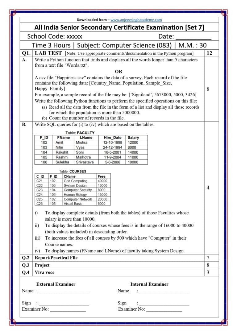 Class 12 Computer Science (083) — Practical Examination Question Paper ...