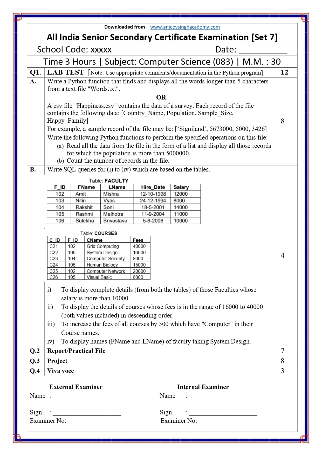 Class 12 Computer Science (083) — Practical Examination Question Paper ...