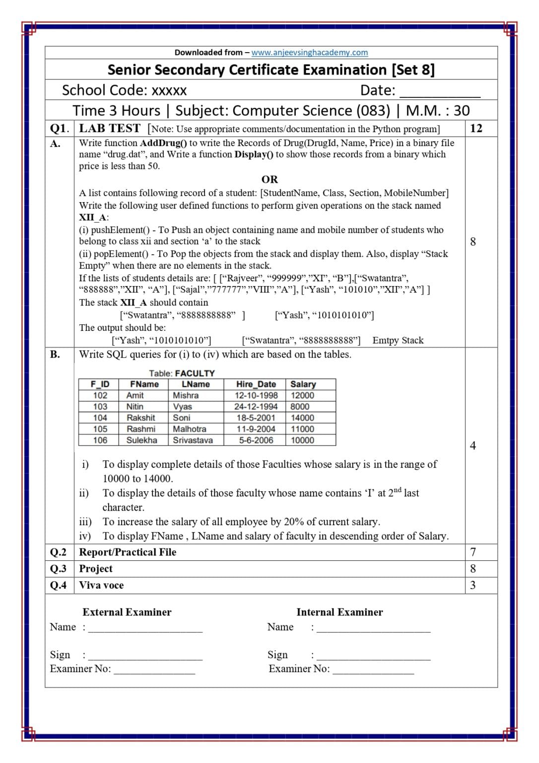 Class 12 Computer Science (083) — Practical Examination Question Paper ...